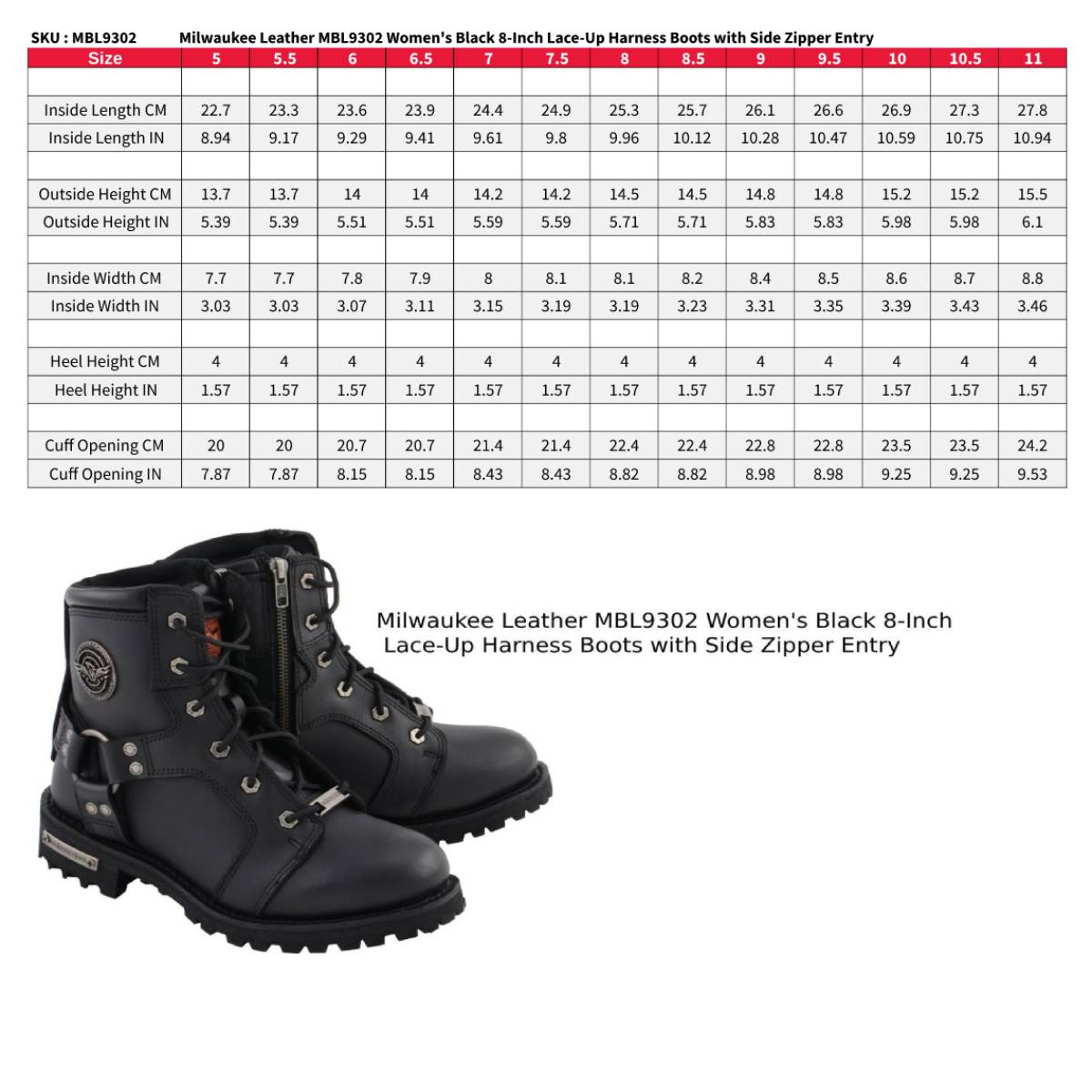 Milwaukee Leather Women's Black Leather 8-Inch Lace-Up Motorcycle Harn ...