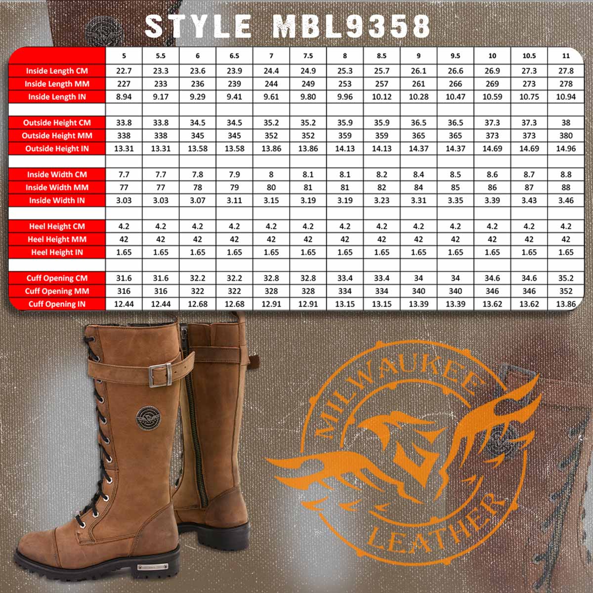 Milwaukee Leather Women's Brown Leather 14” Tall Motorcycle Lace-Up Hi ...